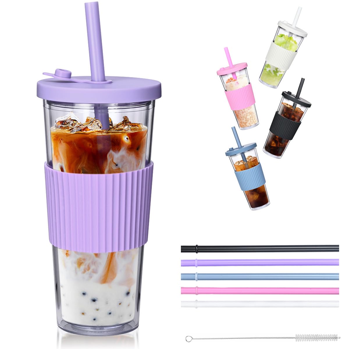 AiDrink 24 OZ Plastic Tumbler with Lid and Wide Straw Reusable Boba Cup Iced Coffee Iced Tea Smoothie to Go Cup Clear Insulated Double Wall Tumbler Leak-Proof Travel Mug for Adults (Purple)