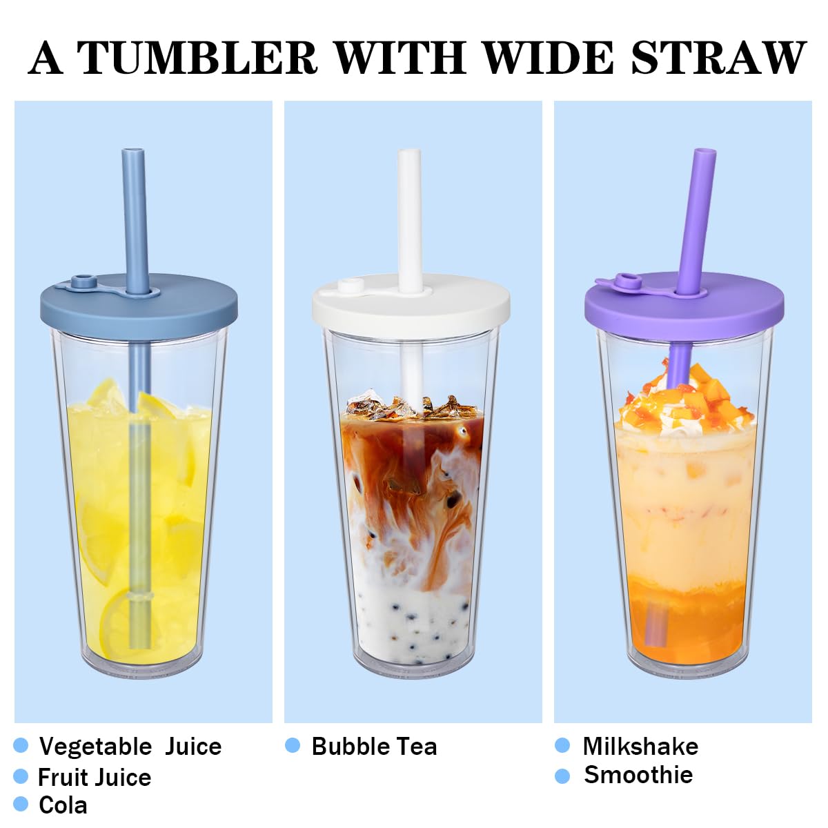 AiDrink 24 OZ Plastic Tumbler with Lid and Wide Straw Reusable Boba Cup Iced Coffee Iced Tea Smoothie to Go Cup Clear Insulated Double Wall Tumbler Leak-Proof Travel Mug for Adults (Purple)