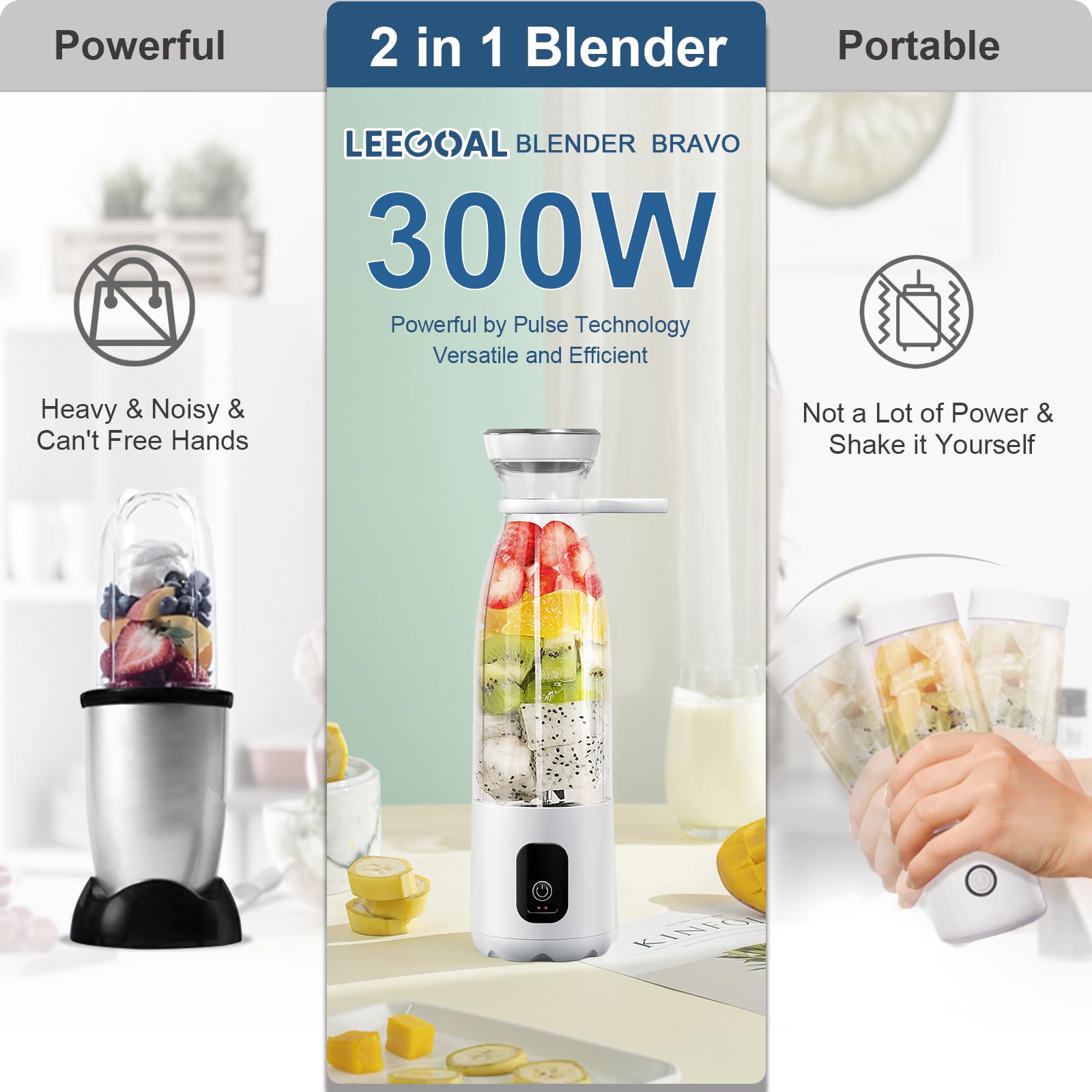 Leegoal Portable Blender, 300W Personal Blender for Shakes and Smoothies Ice Blender for Kitchen 6000mAh Cordless Travel Mini Blender Bravo 20oz Cup to go (White, 4th Gen|Basic Version)