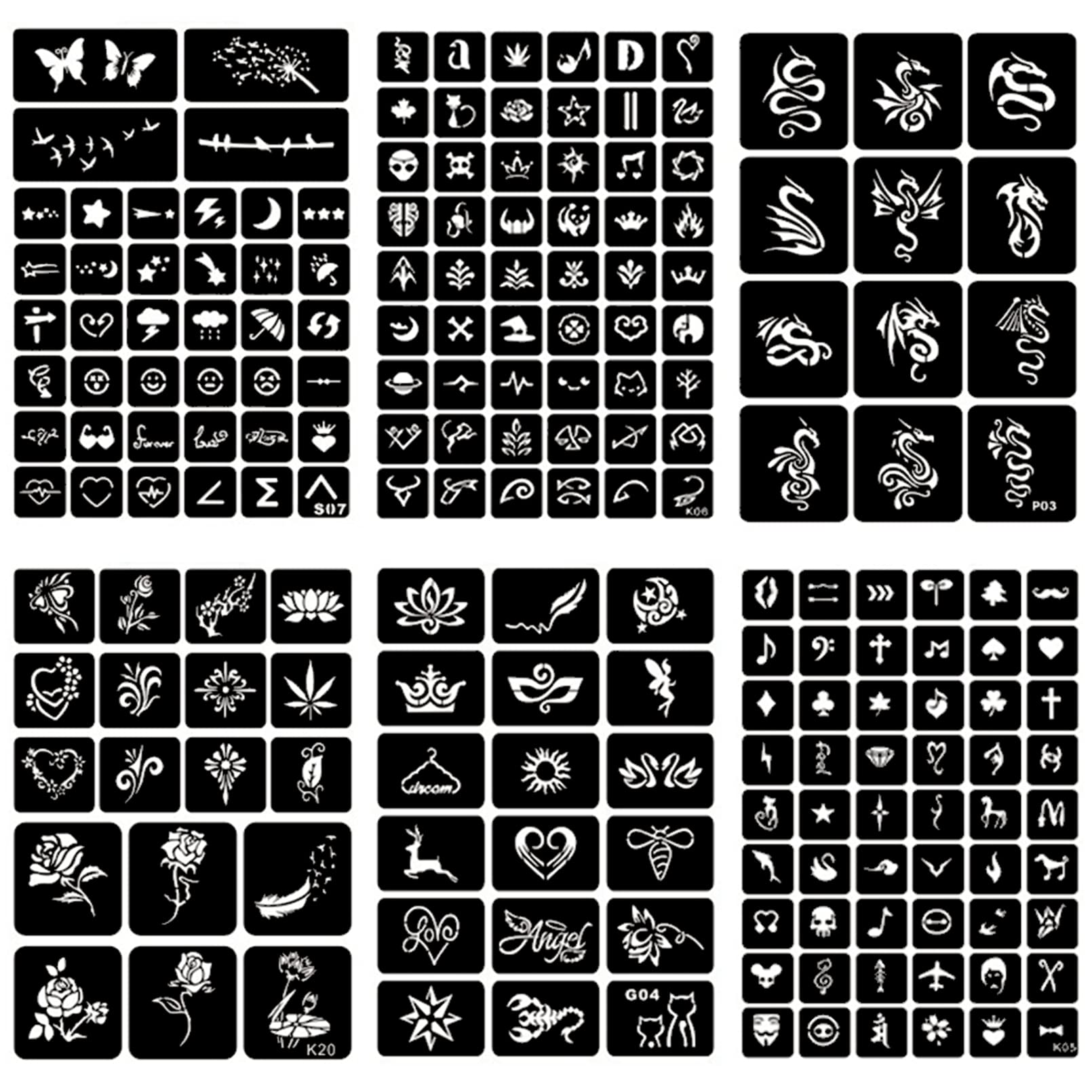 ChurlChurl 20 Sheets Temporary Tattoo Stencils, 622+pcs Henna Tattoo Stencil Kit for Girls Kids and Boys Face Body Paint DIY Art Reusable Glitter Tattoo Stencils Pack