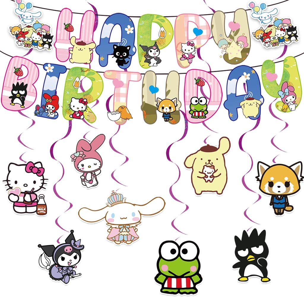 Kawaii Birthday Party Supplies Banner and 8*Hanging Swirls for Kuromi and My Melody Birthday Decorations, Kids Boys and Girls for Kitty and Friends Birthday Party Decorations Happy Theme.