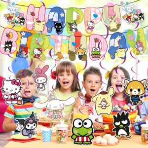 Kawaii Birthday Party Supplies Banner and 8*Hanging Swirls for Kuromi and My Melody Birthday Decorations, Kids Boys and Girls for Kitty and Friends Birthday Party Decorations Happy Theme.