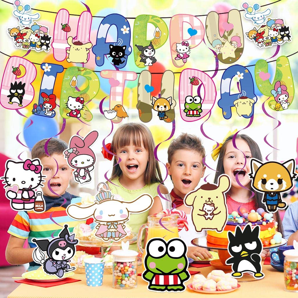 Kawaii Birthday Party Supplies Banner and 8*Hanging Swirls for Kuromi and My Melody Birthday Decorations, Kids Boys and Girls for Kitty and Friends Birthday Party Decorations Happy Theme.