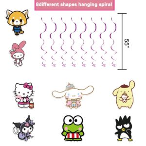 Kawaii Birthday Party Supplies Banner and 8*Hanging Swirls for Kuromi and My Melody Birthday Decorations, Kids Boys and Girls for Kitty and Friends Birthday Party Decorations Happy Theme.