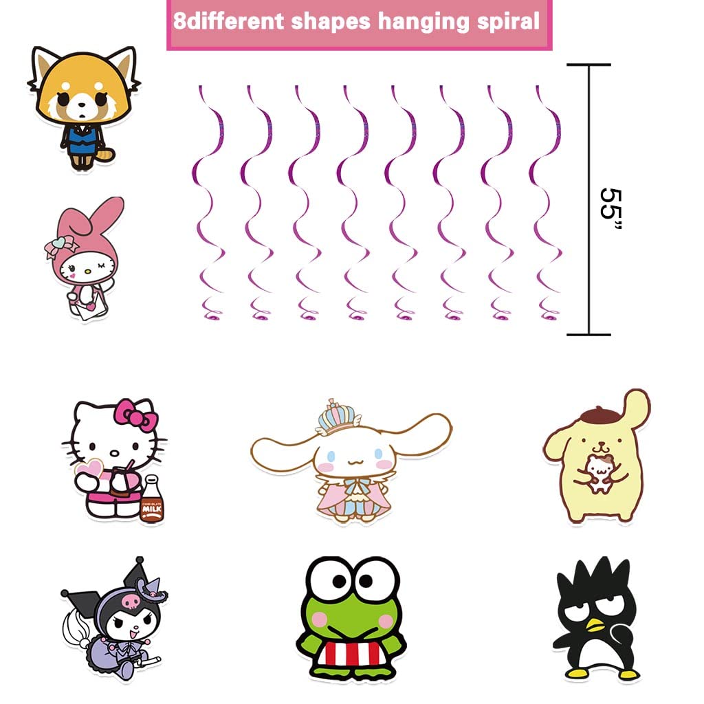 Kawaii Birthday Party Supplies Banner and 8*Hanging Swirls for Kuromi and My Melody Birthday Decorations, Kids Boys and Girls for Kitty and Friends Birthday Party Decorations Happy Theme.