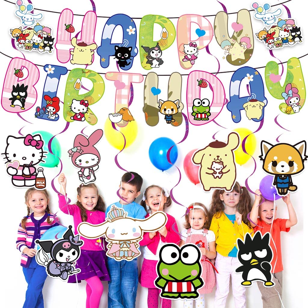 Kawaii Birthday Party Supplies Banner and 8*Hanging Swirls for Kuromi and My Melody Birthday Decorations, Kids Boys and Girls for Kitty and Friends Birthday Party Decorations Happy Theme.