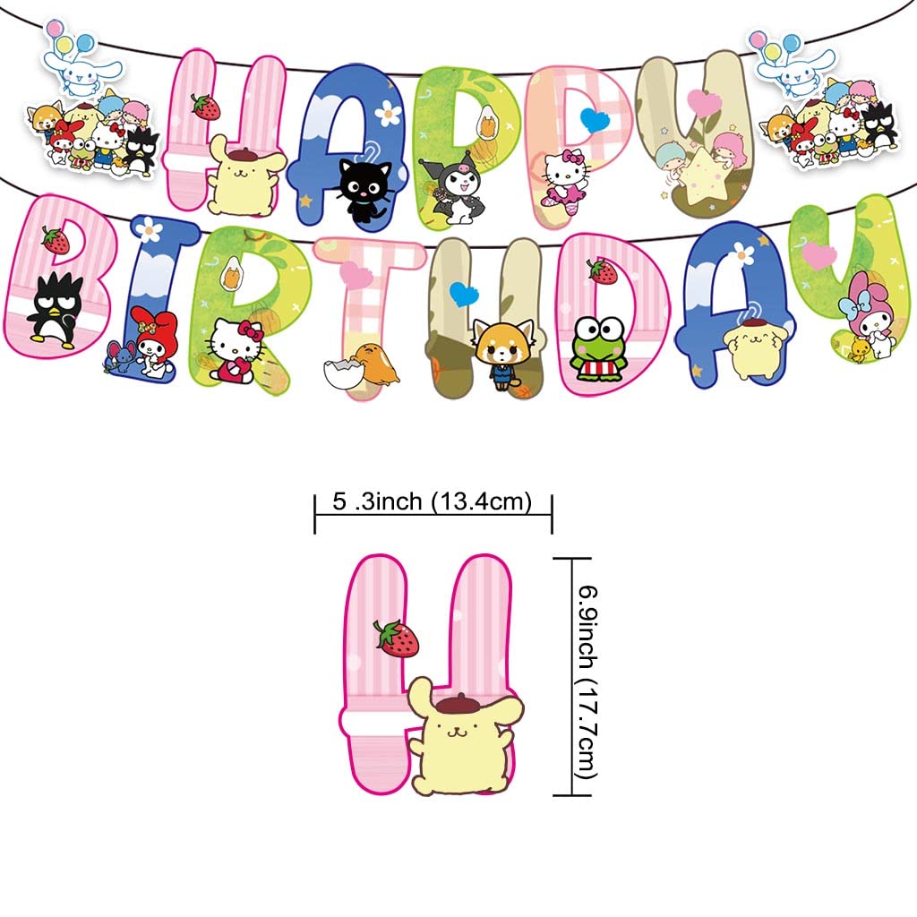 Kawaii Birthday Party Supplies Banner and 8*Hanging Swirls for Kuromi and My Melody Birthday Decorations, Kids Boys and Girls for Kitty and Friends Birthday Party Decorations Happy Theme.