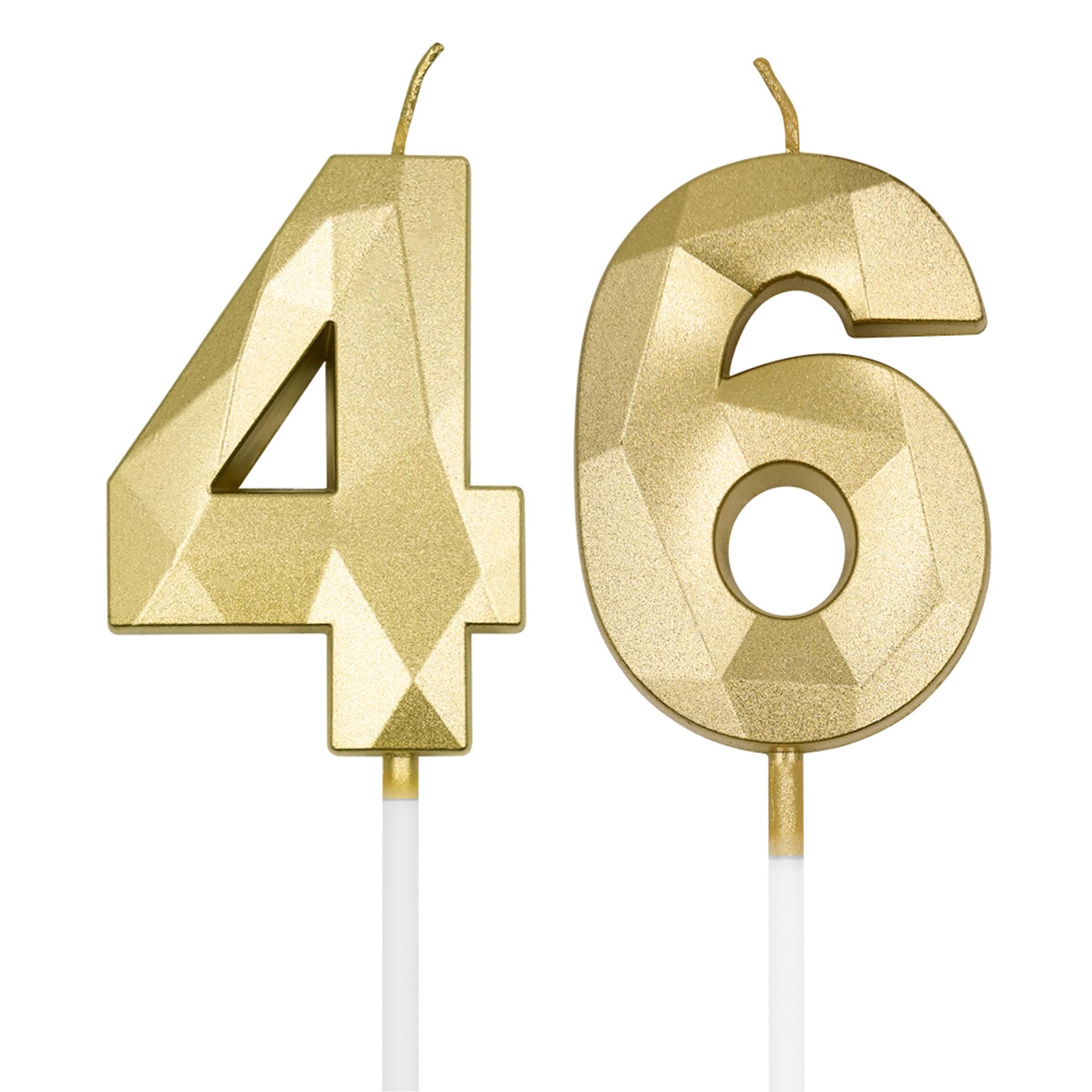 46th & 64th Birthday Candles for Cake, Gold Number 46 64 3D Diamond Shaped Candle Birthday Decorations Party Supplies for Women or Men