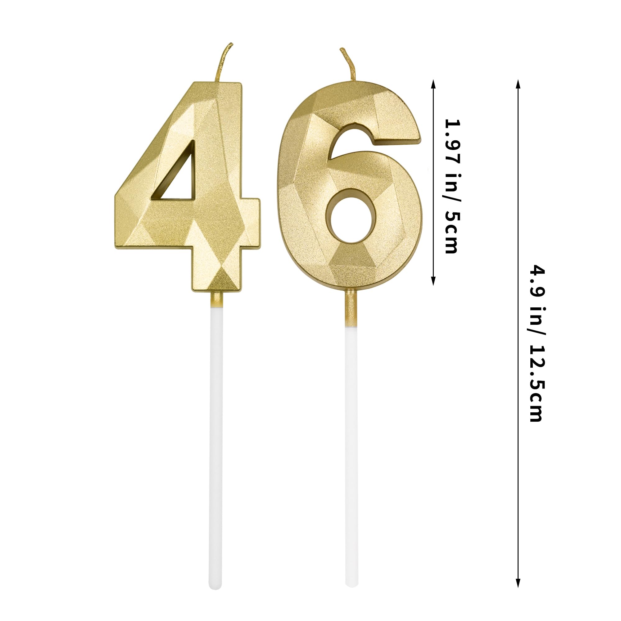 46th & 64th Birthday Candles for Cake, Gold Number 46 64 3D Diamond Shaped Candle Birthday Decorations Party Supplies for Women or Men