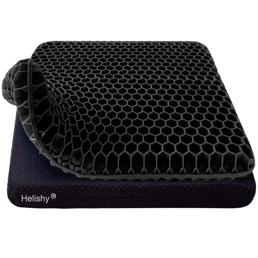 Gel Seat Cushion for Long Sitting, Double Thick Egg Seat Cushion with Non-Slip Cover, Breathable Honeycomb Home Office Chair Pads Wheelchair Cushion for Relieving Back Pain & Sciatica Pain (Black)