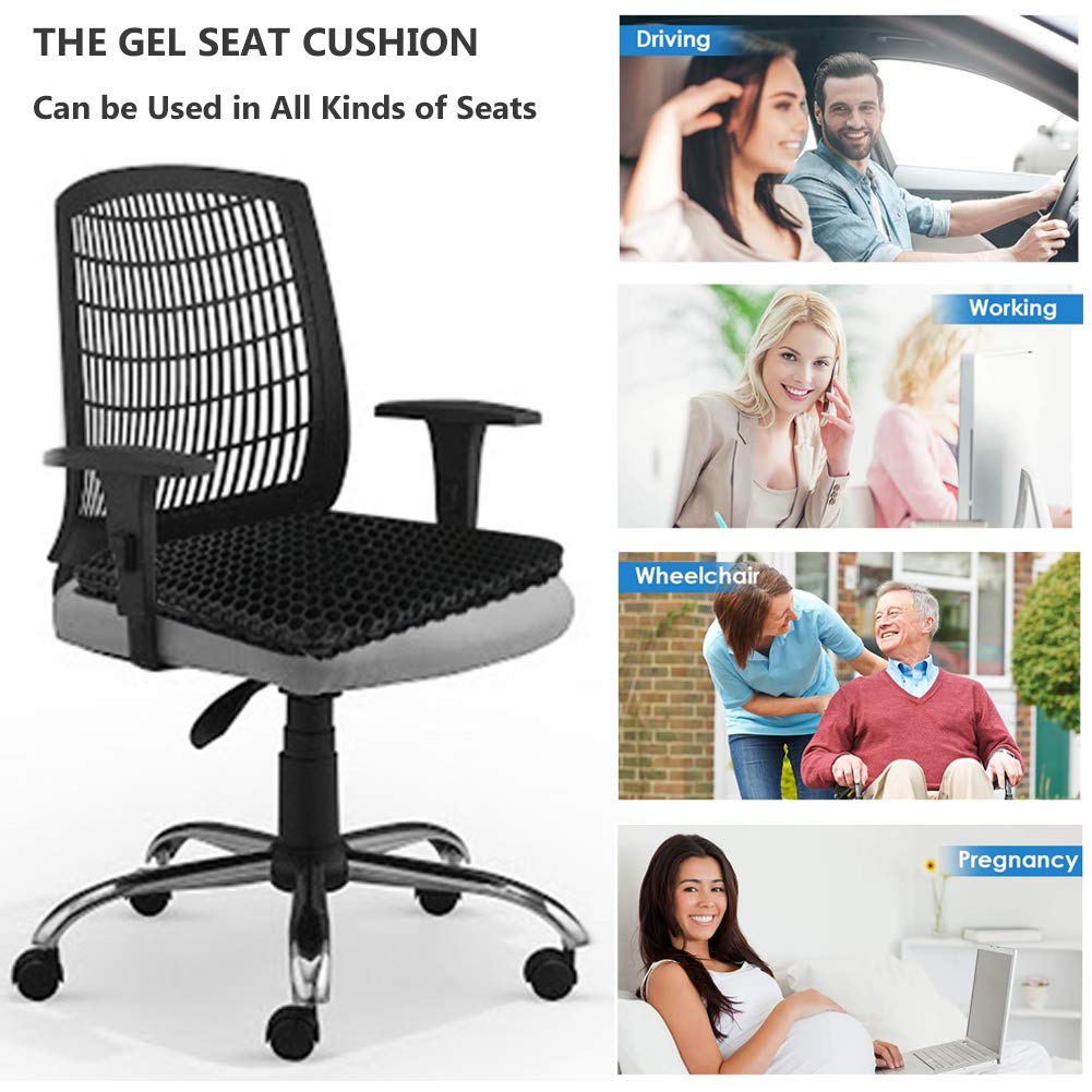 Gel Seat Cushion for Long Sitting, Double Thick Egg Seat Cushion with Non-Slip Cover, Breathable Honeycomb Home Office Chair Pads Wheelchair Cushion for Relieving Back Pain & Sciatica Pain (Black)