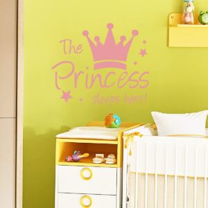 Princess Crown Wall Stickers, The Princess Sleeps Here Wall Decals for Girls Room Little Girls Bedroom Nursery Playroom Daycare Classroom Parties Decoration