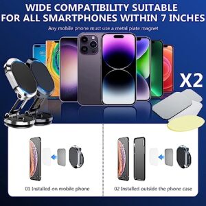 2 Pack Alloy Folding Magnetic Car Phone Holder,360° Rotation Magnetic Cell Phone Holder for Car [Super Strong Magnet] Bracket Magnetic Dashboard Phone Car Mount for All Smartphone (Silver+Black)