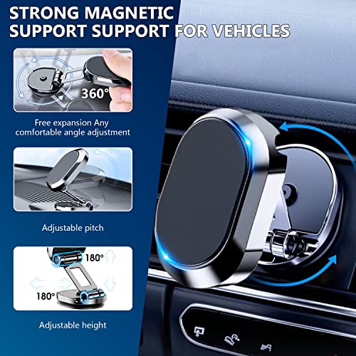 2 Pack Alloy Folding Magnetic Car Phone Holder,360° Rotation Magnetic Cell Phone Holder for Car [Super Strong Magnet] Bracket Magnetic Dashboard Phone Car Mount for All Smartphone (Silver+Black)