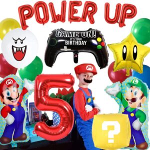 37 PCS Video Game Birthday Balloons Video Game Brothers Theme Birthday Decoration Vedio Game Birthday Balloons with POWER UP Letter Balloons for Video Game 5th Birthday Party Supplies