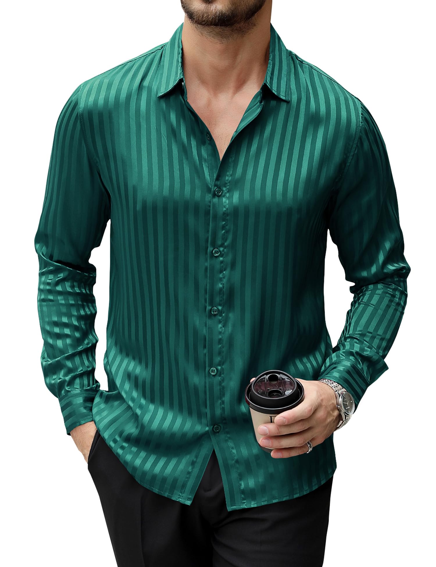 URRU Men's Striped Dress Shirts Green Satin Shirt Casual Luxury Long Sleeve Button Down Wedding Shirt Party Prom Shirt Dark Green XL