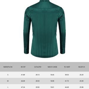 URRU Men's Striped Dress Shirts Green Satin Shirt Casual Luxury Long Sleeve Button Down Wedding Shirt Party Prom Shirt Dark Green XL