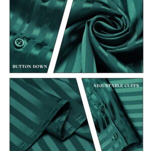 URRU Men's Striped Dress Shirts Green Satin Shirt Casual Luxury Long Sleeve Button Down Wedding Shirt Party Prom Shirt Dark Green XL