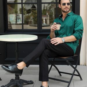 URRU Men's Striped Dress Shirts Green Satin Shirt Casual Luxury Long Sleeve Button Down Wedding Shirt Party Prom Shirt Dark Green XL