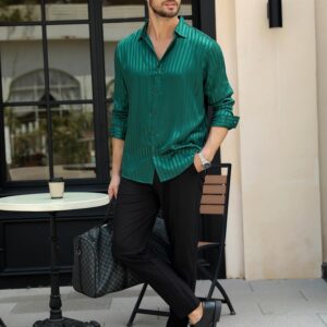 URRU Men's Striped Dress Shirts Green Satin Shirt Casual Luxury Long Sleeve Button Down Wedding Shirt Party Prom Shirt Dark Green XL