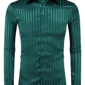 URRU Men's Striped Dress Shirts Green Satin Shirt Casual Luxury Long Sleeve Button Down Wedding Shirt Party Prom Shirt Dark Green XL