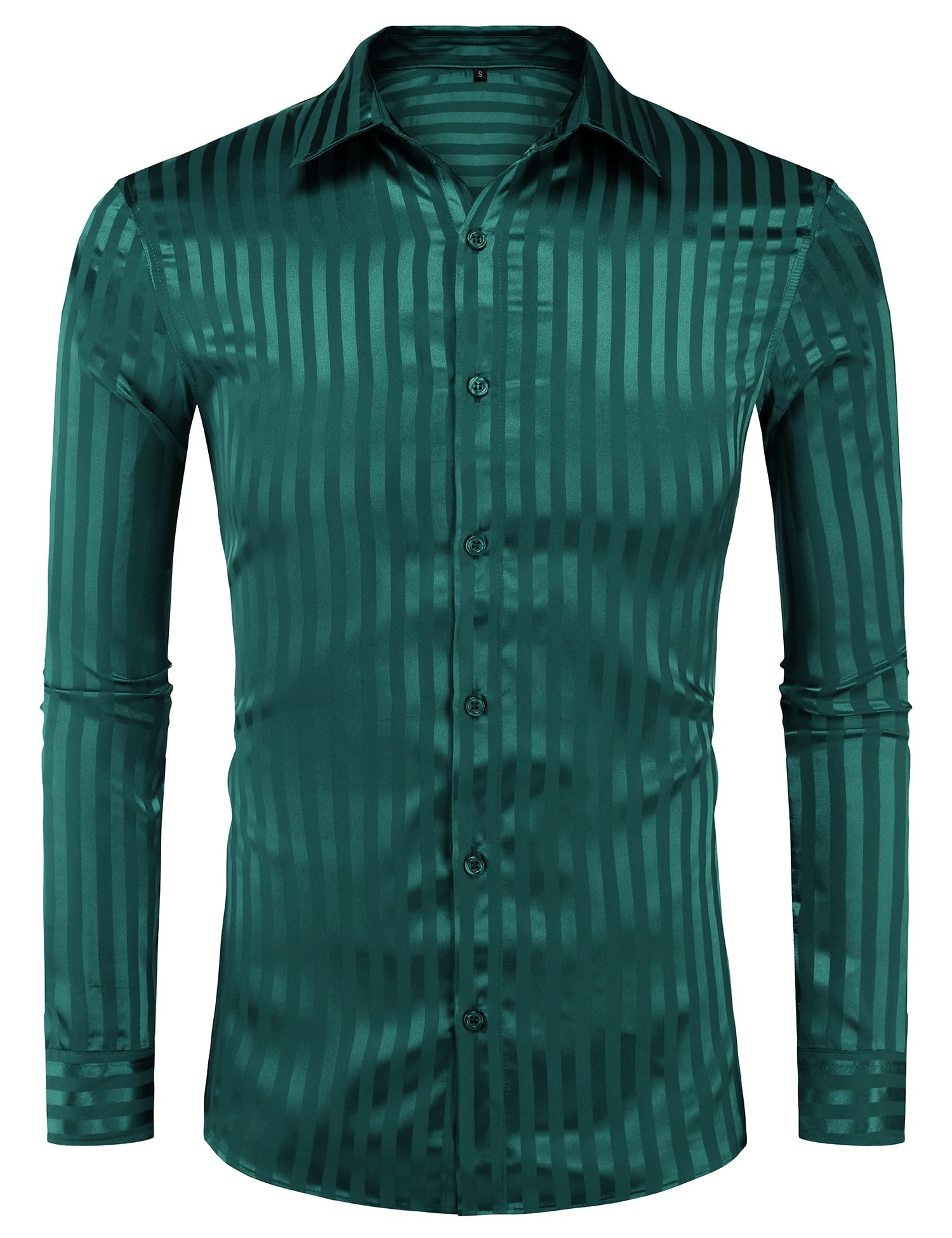 URRU Men's Striped Dress Shirts Green Satin Shirt Casual Luxury Long Sleeve Button Down Wedding Shirt Party Prom Shirt Dark Green XL