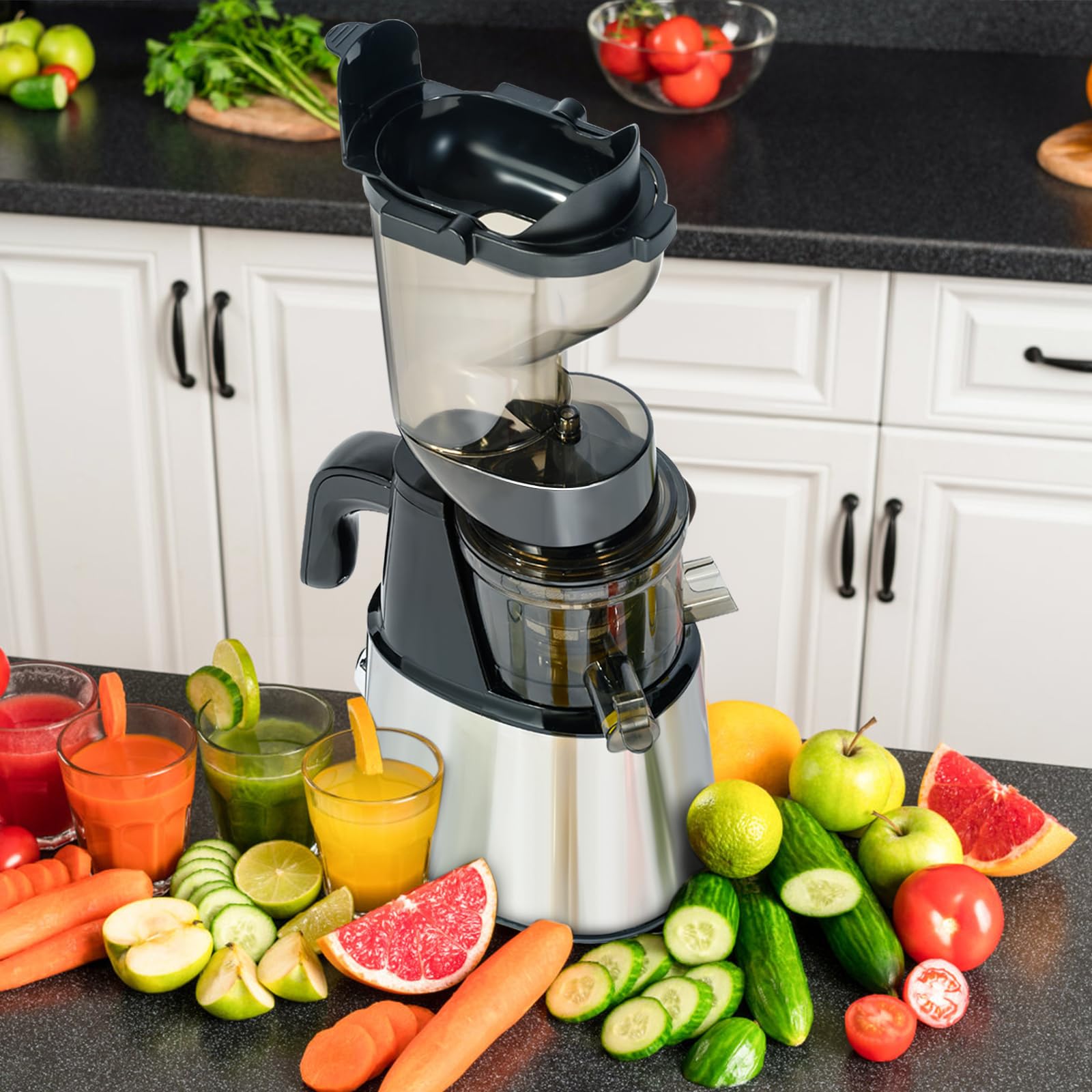 OverTwice Cold Press Juicer Machines, 5 Inch(127mm) Slow Masticating Juicer with Large Feed Chute, 250W Electric Juicer Machines Vegetable and Fruit (Stainless steel body)