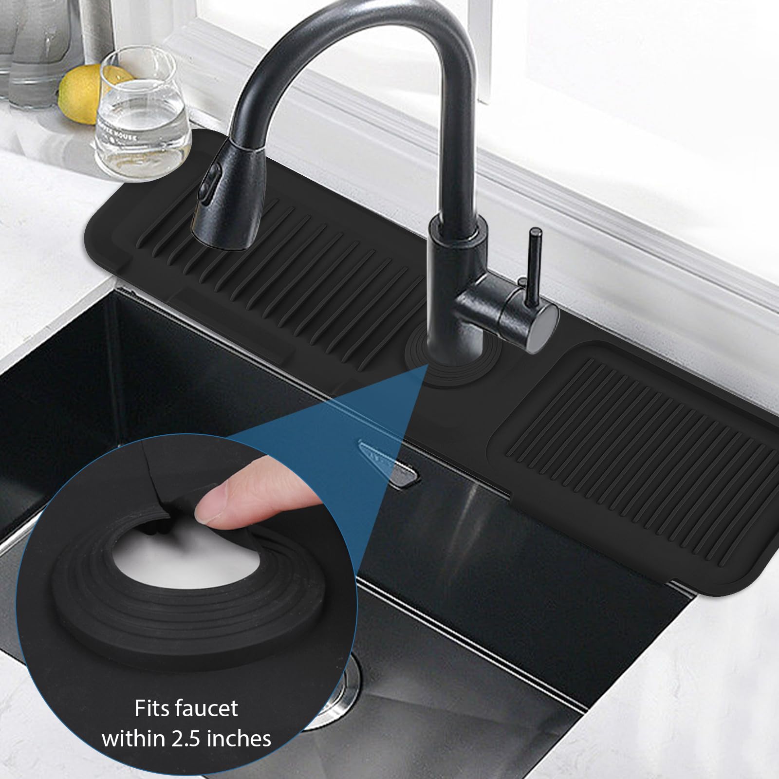 SKitchen Sink Splash Guard, Silicone Faucet Handle Drip Catcher Tray, fits faucet bottom diameter in 2.5 inch, Sponge Holder Sink Protectors Mat for Kitchen Bathroom Sink Accessories（24" x 5.5"）