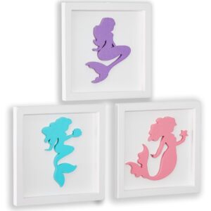 mermaid room decor for girls bedroom, 3d mermaid wooden framed set of 3 wall decor, mermaid bathroom accessories, purple aqua pink nursery accessories, hanging wall art, little mermaid gift