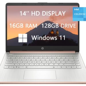 HP 14 HD Laptop, 2023 Newest Upgrade, Intel Celeron N4120(Quad-core), 16GB RAM, 128GB(64GB SSD+64GB Card), HDMI, USB-C, Lightweight, Windows 11, School and Business Ready, Rose Gold, ROKC HDMI Cable