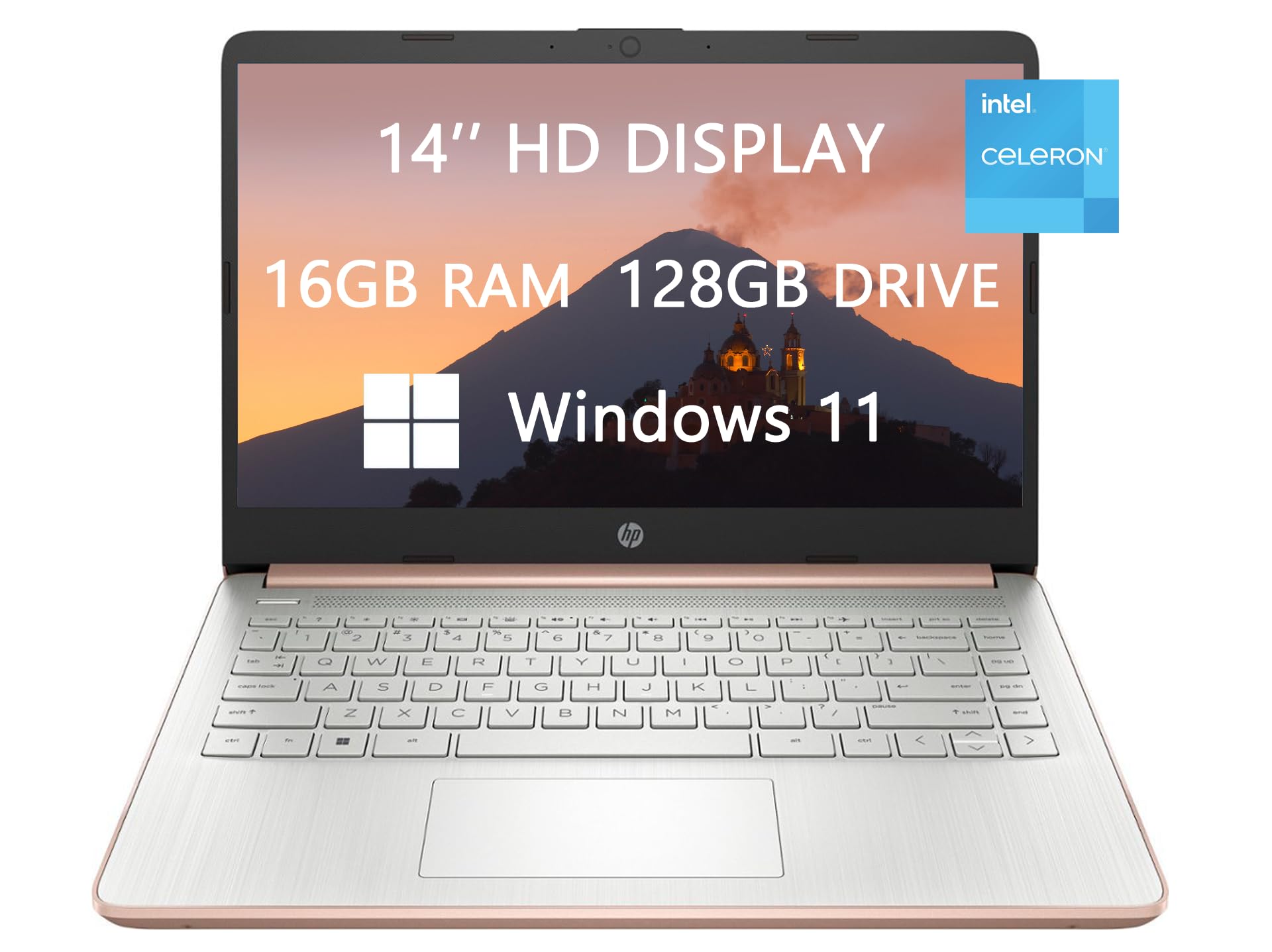 HP 14 HD Laptop, 2023 Newest Upgrade, Intel Celeron N4120(Quad-core), 16GB RAM, 128GB(64GB SSD+64GB Card), HDMI, USB-C, Lightweight, Windows 11, School and Business Ready, Rose Gold, ROKC HDMI Cable