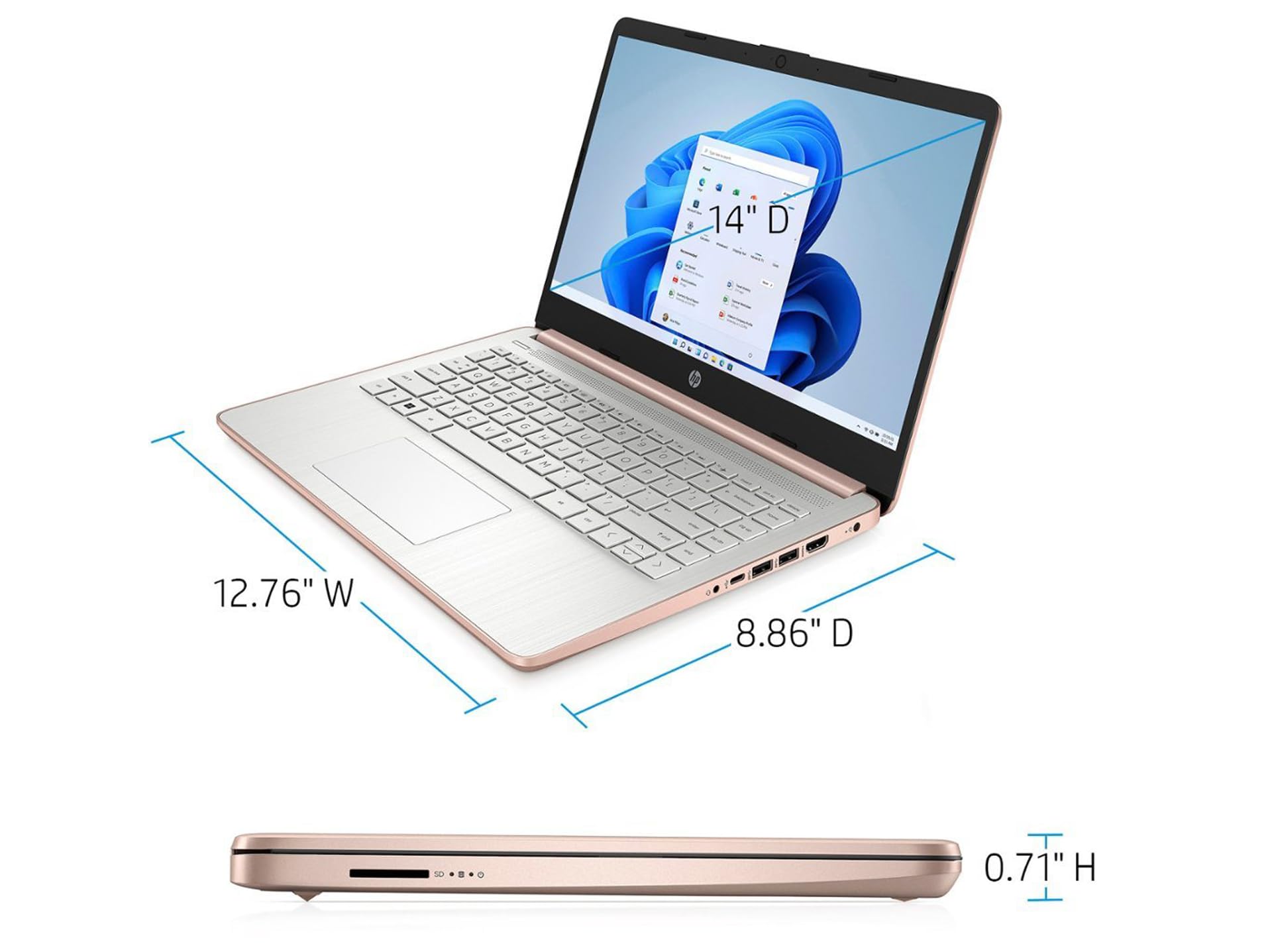 HP 14 HD Laptop, 2023 Newest Upgrade, Intel Celeron N4120(Quad-core), 16GB RAM, 128GB(64GB SSD+64GB Card), HDMI, USB-C, Lightweight, Windows 11, School and Business Ready, Rose Gold, ROKC HDMI Cable