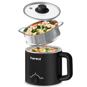 topwit hot pot electric with steamer, 1.6l ramen cooker, electric pot for pasta, shabu-shabu, oatmeal, soup and egg, electric cooker with dual power control, dorm room essentials, black