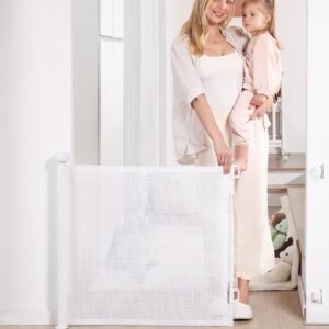 Likzest Retractable Baby Gate, Mesh Baby and Pet Gate 33" Tall, Extends up to 55" Wide, Child Safety Baby Gates for Stairs Doorways Hallways, Dog Gate Cat Gate for Indoor and Outdoor (White)