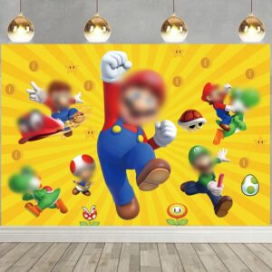 Super Brother Backdrop Cartoon Yellow Background Decoration Boy Gold Coin Video Game Adventure Kart Theme Party Super Bros Uncle Mushroom Birthday Banner Shooting Supplies (7x5FT(210x150cm))