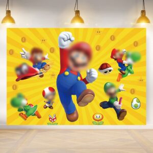 Super Brother Backdrop Cartoon Yellow Background Decoration Boy Gold Coin Video Game Adventure Kart Theme Party Super Bros Uncle Mushroom Birthday Banner Shooting Supplies (7x5FT(210x150cm))