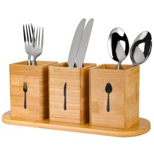 gehe 3pcs silverware caddy, natural bamboo silverware holder for countertop, utensil caddy for parties silverware organizer