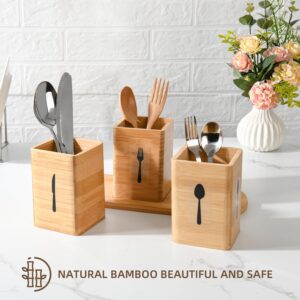 GEHE 3Pcs Silverware Caddy, Natural Bamboo Silverware Holder for Countertop, Utensil Caddy for Parties Silverware Organizer