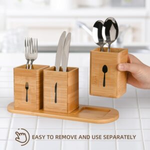 GEHE 3Pcs Silverware Caddy, Natural Bamboo Silverware Holder for Countertop, Utensil Caddy for Parties Silverware Organizer