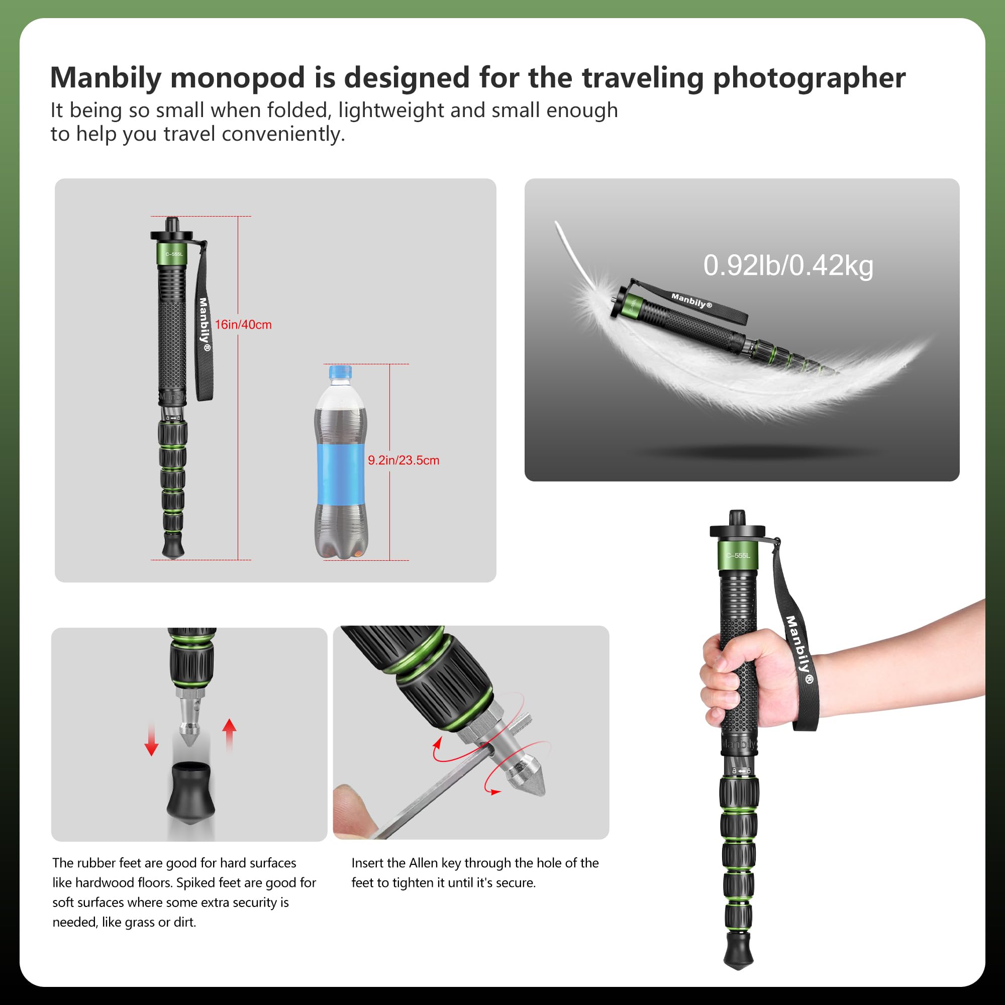 Manbily Carbon Fiber Camera Monopod,61 inch Portable Compact Lightweight Travel Monopod Walking Stick,Monopod for DSLR Camera Canon Nikon Sony Video (Carbon Fiber, Green&Black)