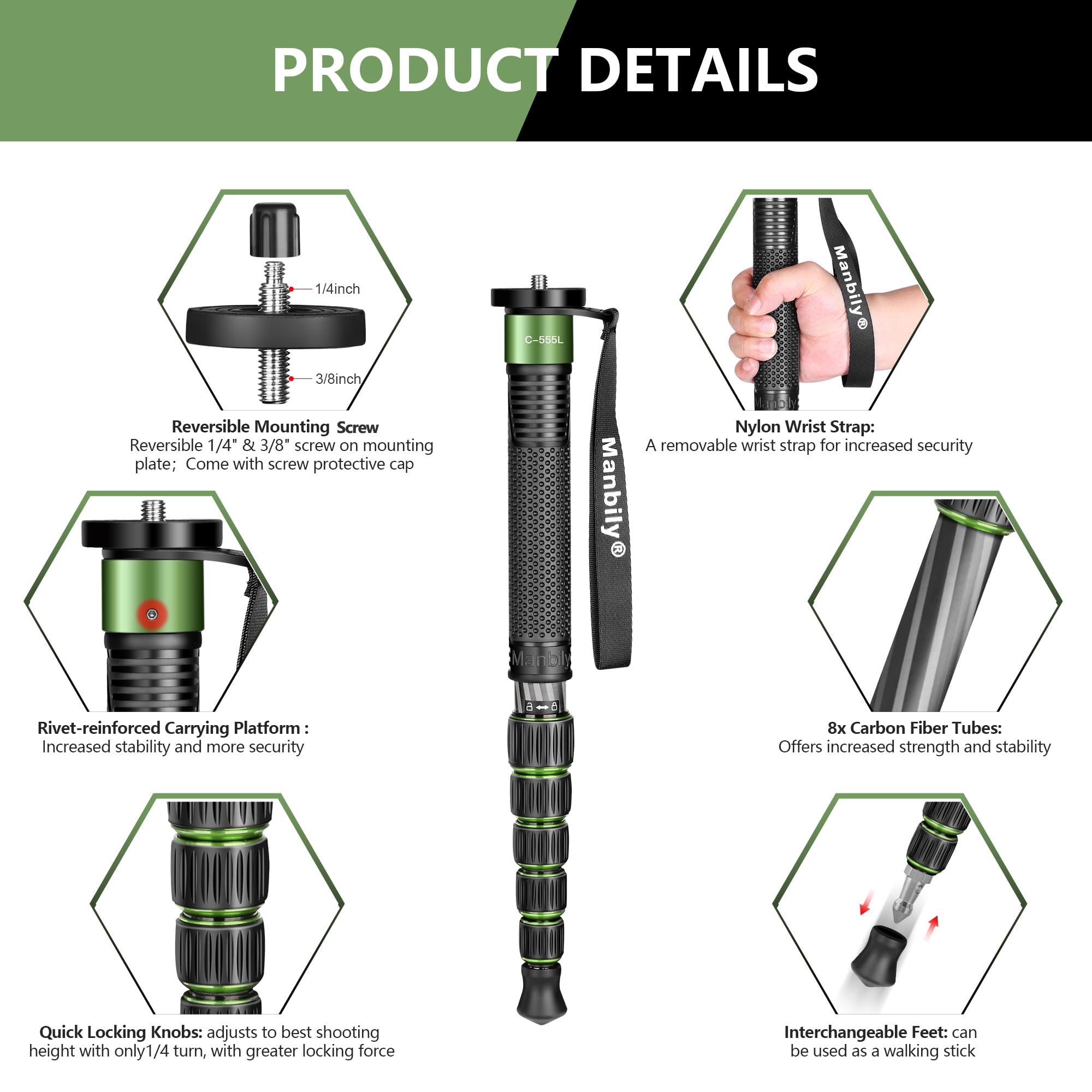 Manbily Carbon Fiber Camera Monopod,61 inch Portable Compact Lightweight Travel Monopod Walking Stick,Monopod for DSLR Camera Canon Nikon Sony Video (Carbon Fiber, Green&Black)