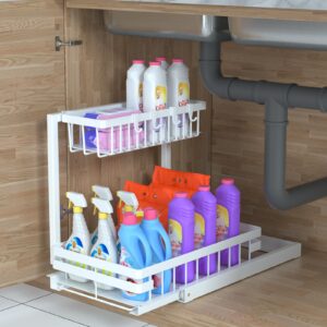 IncepKick Under Sink Organizer and Storage 2 Tier Slide Out Under Sink Shelf Cabinet Storage Shelf Under Sink Storage for Kitchen Bathroom Metal L-Shape (White, 1pack)