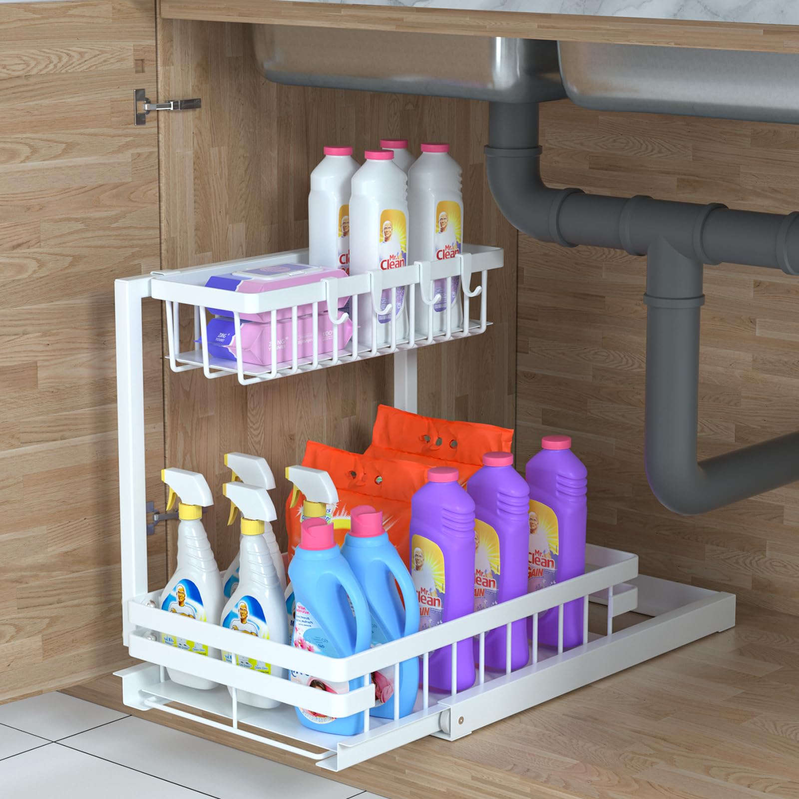 IncepKick Under Sink Organizer and Storage 2 Tier Slide Out Under Sink Shelf Cabinet Storage Shelf Under Sink Storage for Kitchen Bathroom Metal L-Shape (White, 1pack)