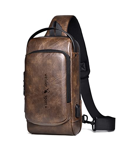 BBJMTCJTZ Leather Crossbody Shoulder Bags Anti -theft Rechargeable Hole Chest Bag Travel Bags (dark brown)