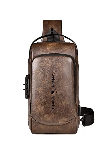 BBJMTCJTZ Leather Crossbody Shoulder Bags Anti -theft Rechargeable Hole Chest Bag Travel Bags (dark brown)