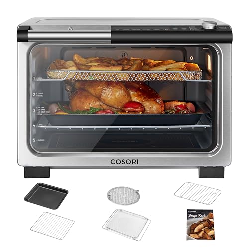 COSORI 11-in-1 Ceramic Air Fryer Toaster Oven Combo, Mother's Day Gift, Flat-Sealed Heating Elements for Easy Cleanup, Innovative Burner Function, 5 Accessories & Recipes, 26QT, Silver