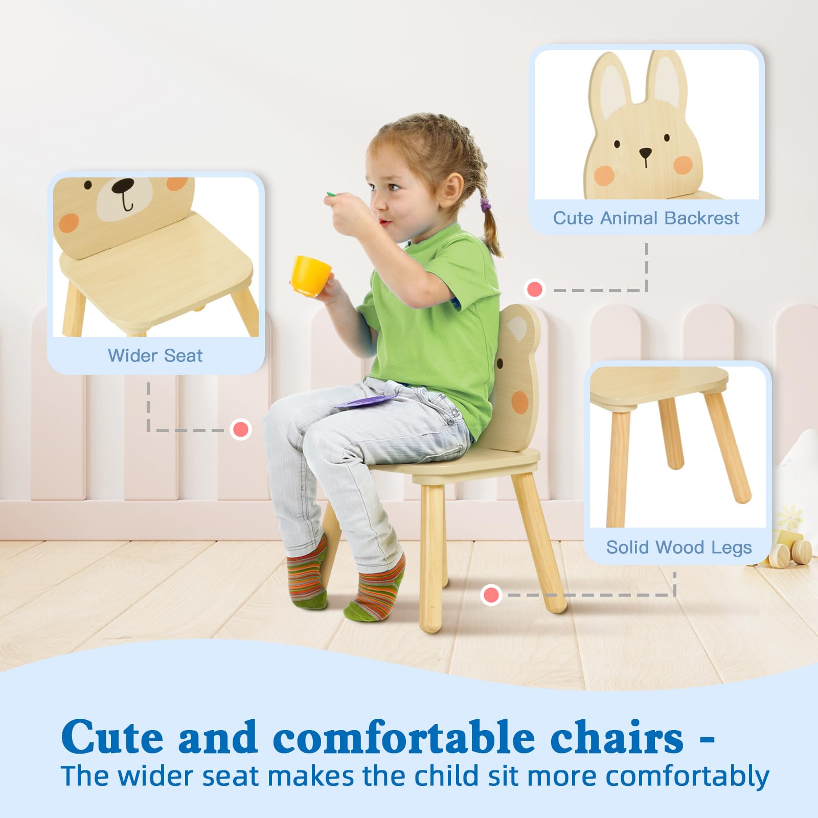 OOOK Kids Wood Table and Chair Set - Including 2 Animal Chairs - Waterproof Desktop - Adorable Toddler Table Chairs Set for Eating, Snack Time and Play Games