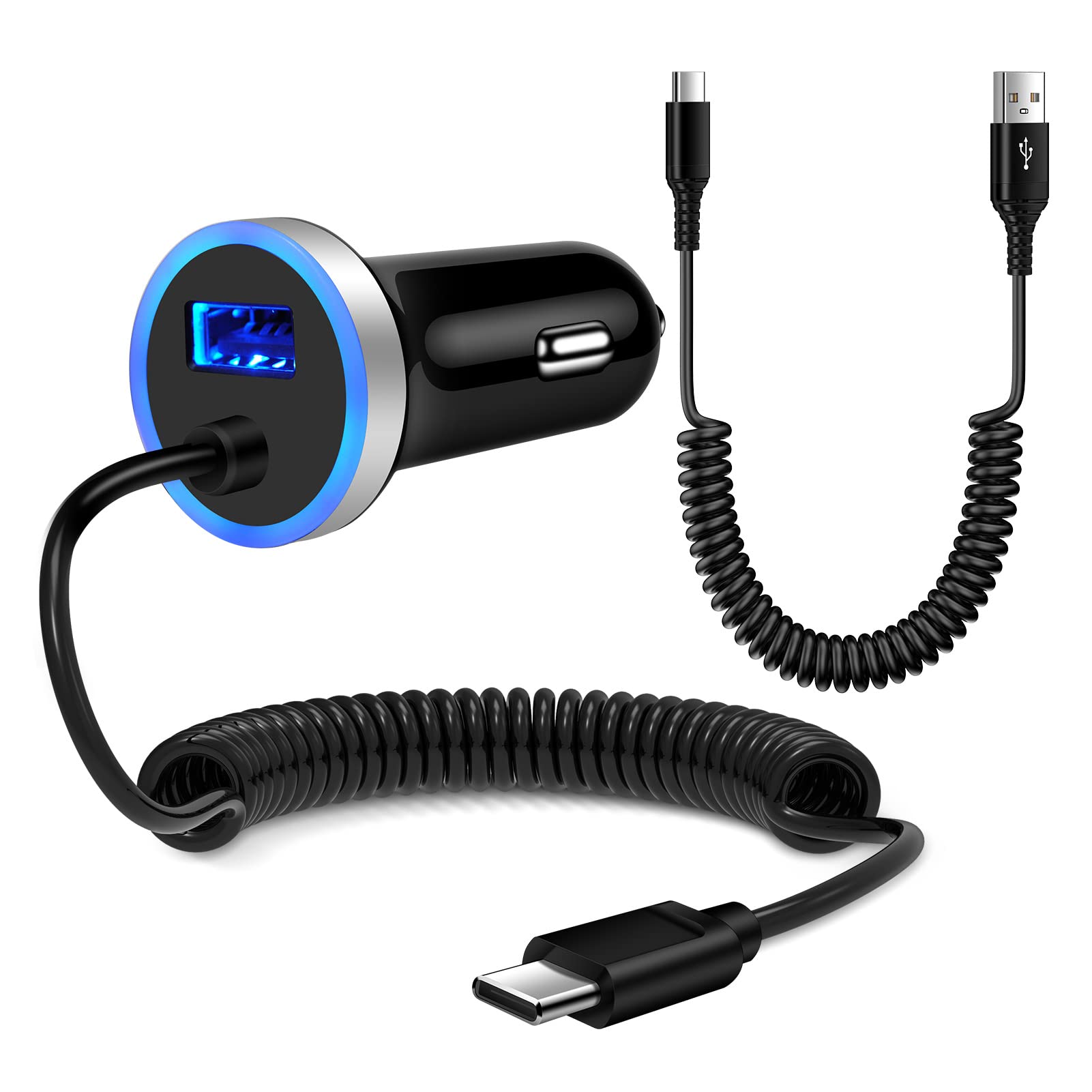 Android Car Charger Type C Cigarette Lighter Adapter with USB C Coiled Fast Charging Cable for Samsung Galaxy A15/A14 5G/A54/A53 5G/A23/A13/A03S/Z Flip 5 4/Z Fold 5 4/A12/A32/A51/S24/S23/S22/S21/S20