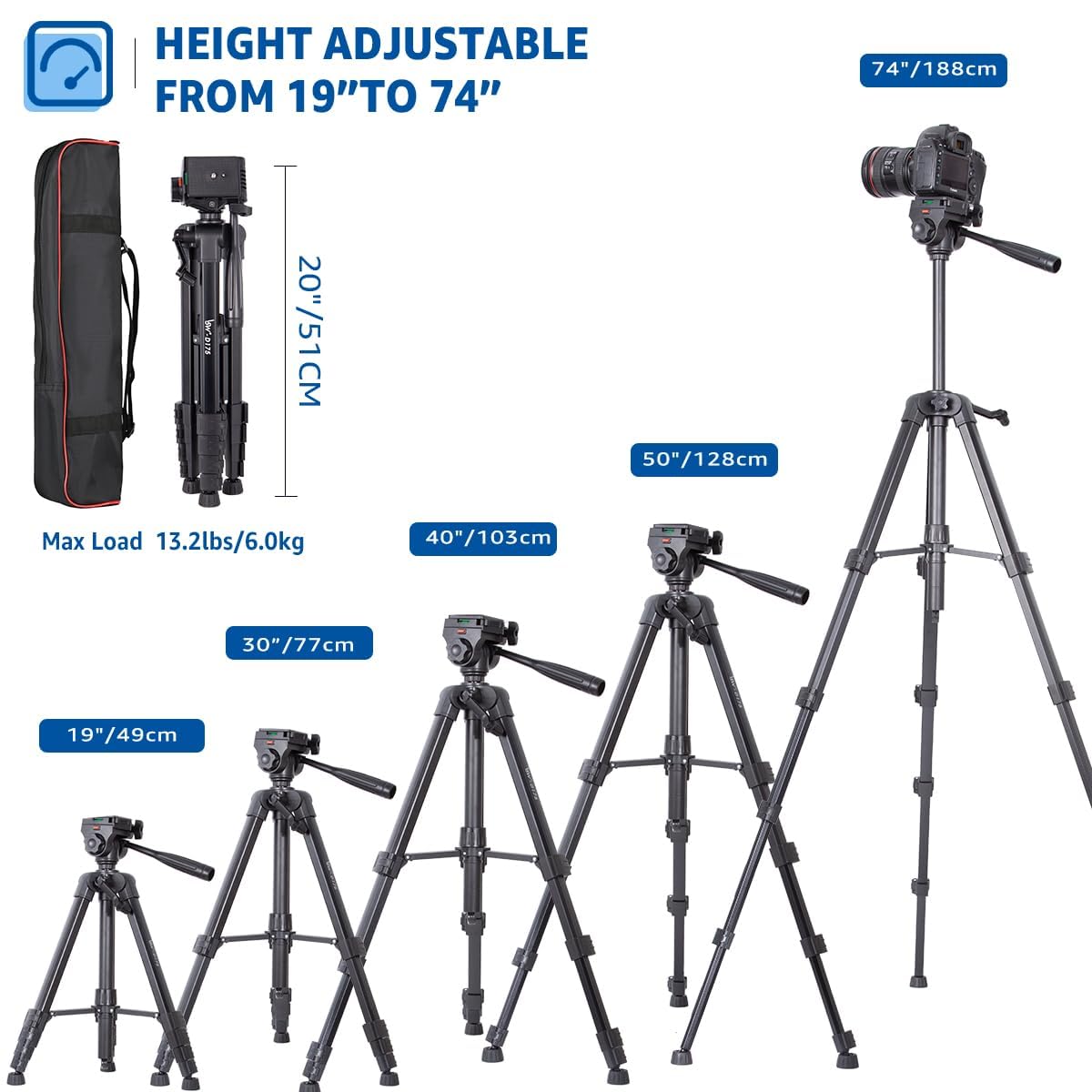 Tripod, Lusweimi 74-Inch Camera Tripod Stand with Travel Bag for Photography/Video Recording, Professional Heavy Duty Tripod with Wireless Remote & Phone Holder for DSLR/SLR/DV/Projector/Phone