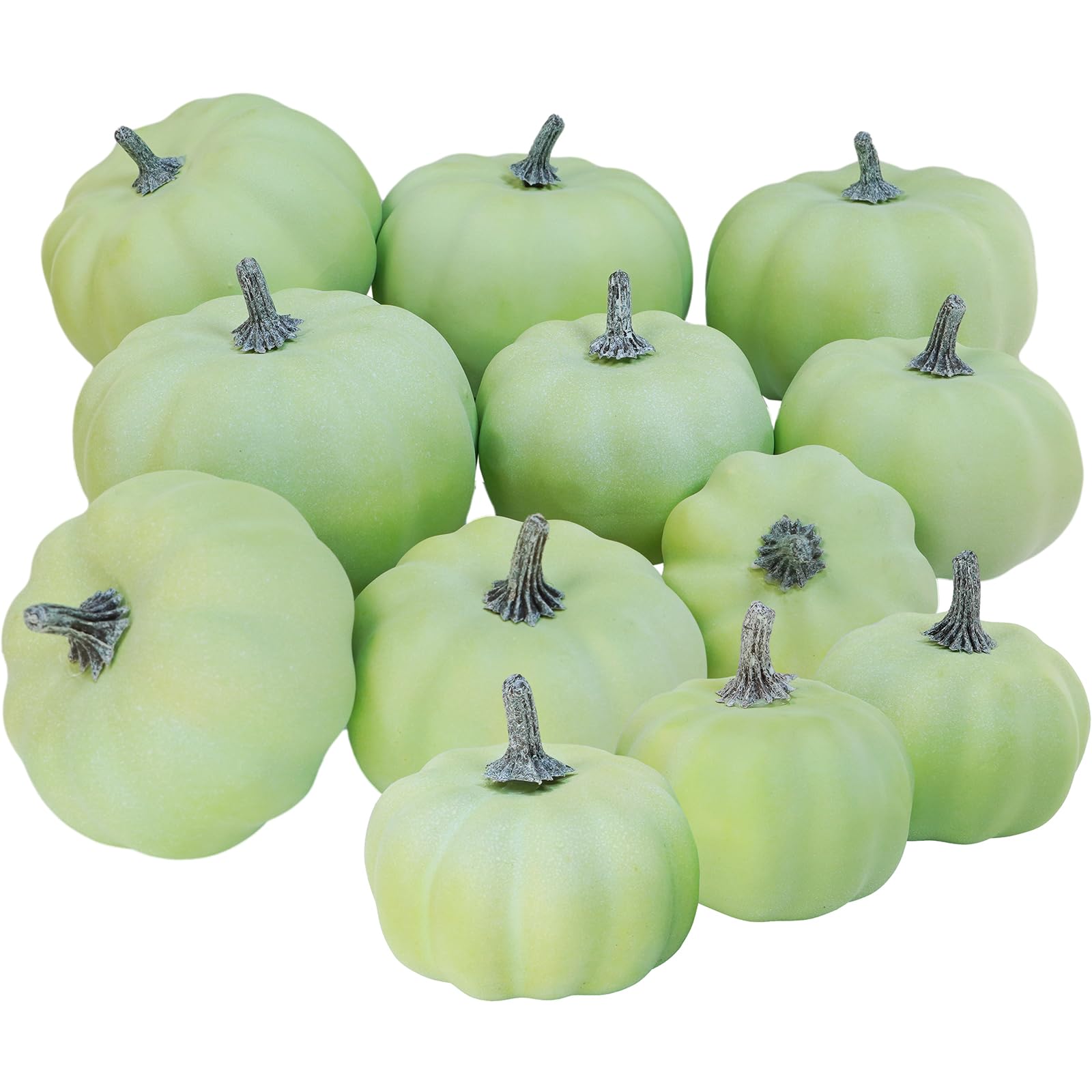 BESTTOYHOME 12 Pcs Assorted Small Artificial Pumpkins Light Green Faux Pumpkins Rustic Harvest Decorative Pumpkins Foam Pumpkins for Fall Wedding Halloween Thanksgiving Table Centerpiece Mantel Décor